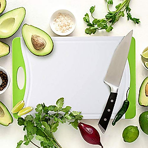 Neoflam 2pc Antibacterial Plastic Cutting Board Microban Protection, Stain & Odor, Extra Large, BPA Free, Juice Groove, Non Slip, Dishwasher Safe, Easy Grip Handle, Set, White Green