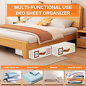 LHZK Sheet Organizers and Storage 4 Pack, Foldable Bed Sheet Organizers and Storage (Queen & King Size), Bed Sheet Organizer with Leather Handle, Window and Label