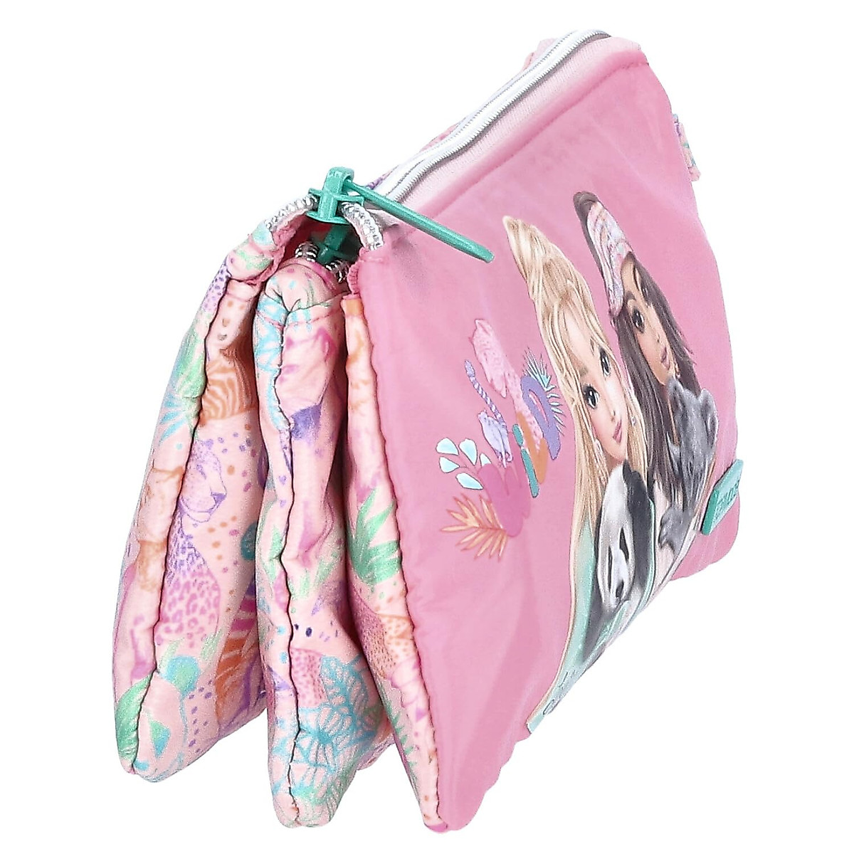 Depesche TOPModel Wild 12792 Fan Pencil Case in Pink with Model Motif and Colourful Animal Pattern, Pencil Case with 3 Zip Compartments