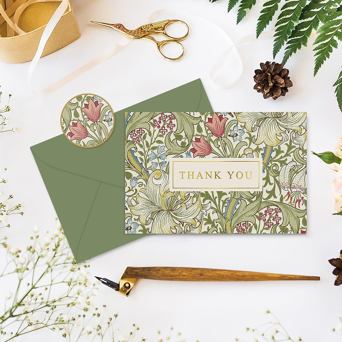 Whaline 24 Pack Plants Floral Gold Foil Thank You Cards Bulk Green Flower Greeting Cards with Envelope Sticker Vintage Blank Note Cards for Birthday Baby Shower Party Supplies, 4 x 6 Inch