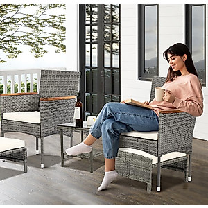 YEEFY Outdoor Patio Furniture Set with Table & Ottoman 5 Piece Patio Conversation Sets Wicker Patio Set for 2 Outdoor Furniture Sets for Yard Backyard Lawn Porch Poolside Balcony, Grey