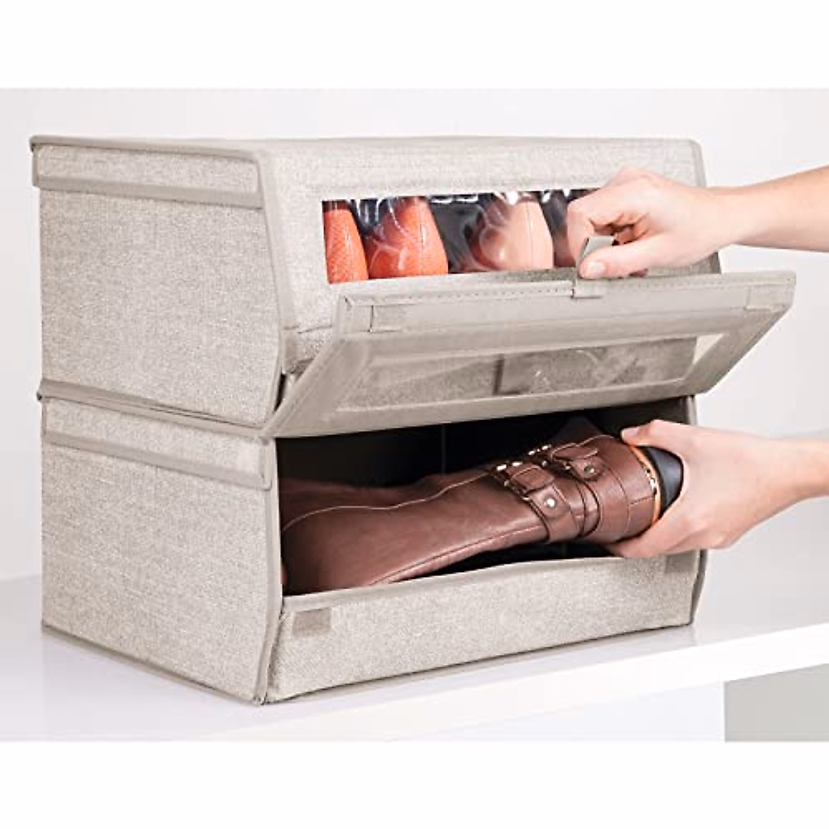 mDesign Large Fabric Closet Shoe Storage Box w/Clear Window - Shoe, Sandal, Sweater, Linen, Clothes Organizer - Boot Storage Solutions - Shoe Bin - Lido Collection, 8 Pack, Linen/Tan