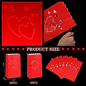 12 Pieces Luminary Paper Bags with 12 Pcs LED Flameless Candle Red Hearth Luminaries Paper Bags Flame Resistant Candle Bag for Valentine's Day Wedding Outdoor Party Home Decoration