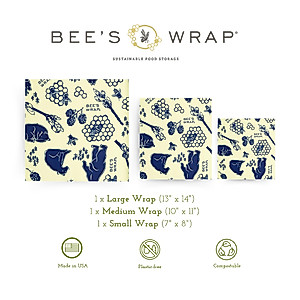 Bee's Wrap Reusable Beeswax Food Wraps Made in the USA, Eco Friendly Beeswax Wraps for Food, Sustainable Organic Cotton Wraps, Assorted 3 Pack (S, M, L), Bees + Bears