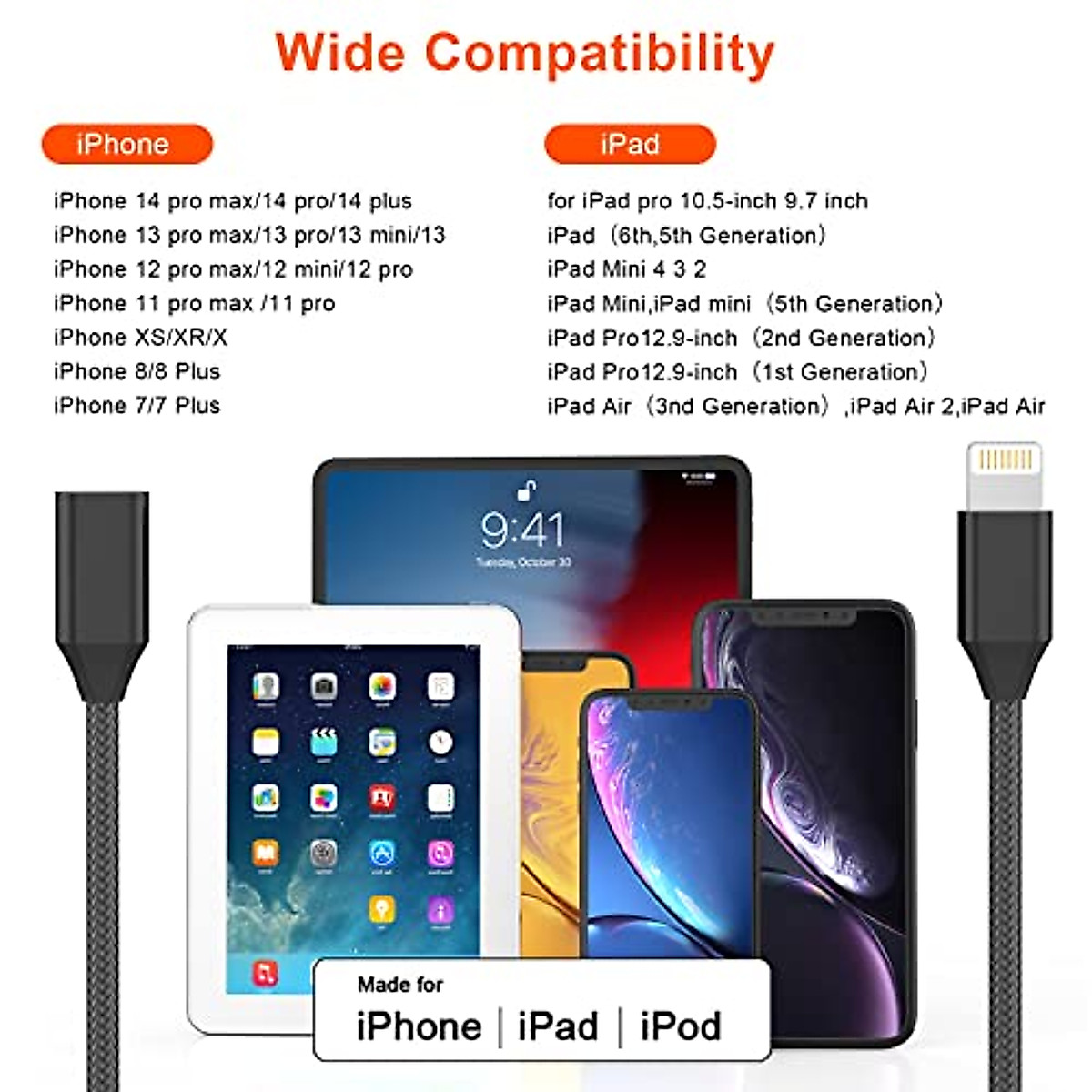 for iPhone Charger Extension Cord,[Apple MFi Certified] Nylon Braided Lightning Extender Dock Cable Male to Female Adapter 3.3FT for iPhone 14 Pro 13 Pro 12 11 X XR 8 7 6 Pass Video,Data,Audio