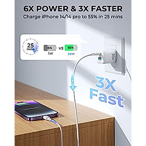 USB C Charger, 30W Mini 2-Port Fast Charger Block [PD&QC 3.0&PPS 25W] GaN+ Wall Charger Adapter Super Fast Charging for iPhone 14/14 Pro/13/12/X/XS/SE/Galaxy S22/Note 20/10+/iPad Pro/Pixel 6