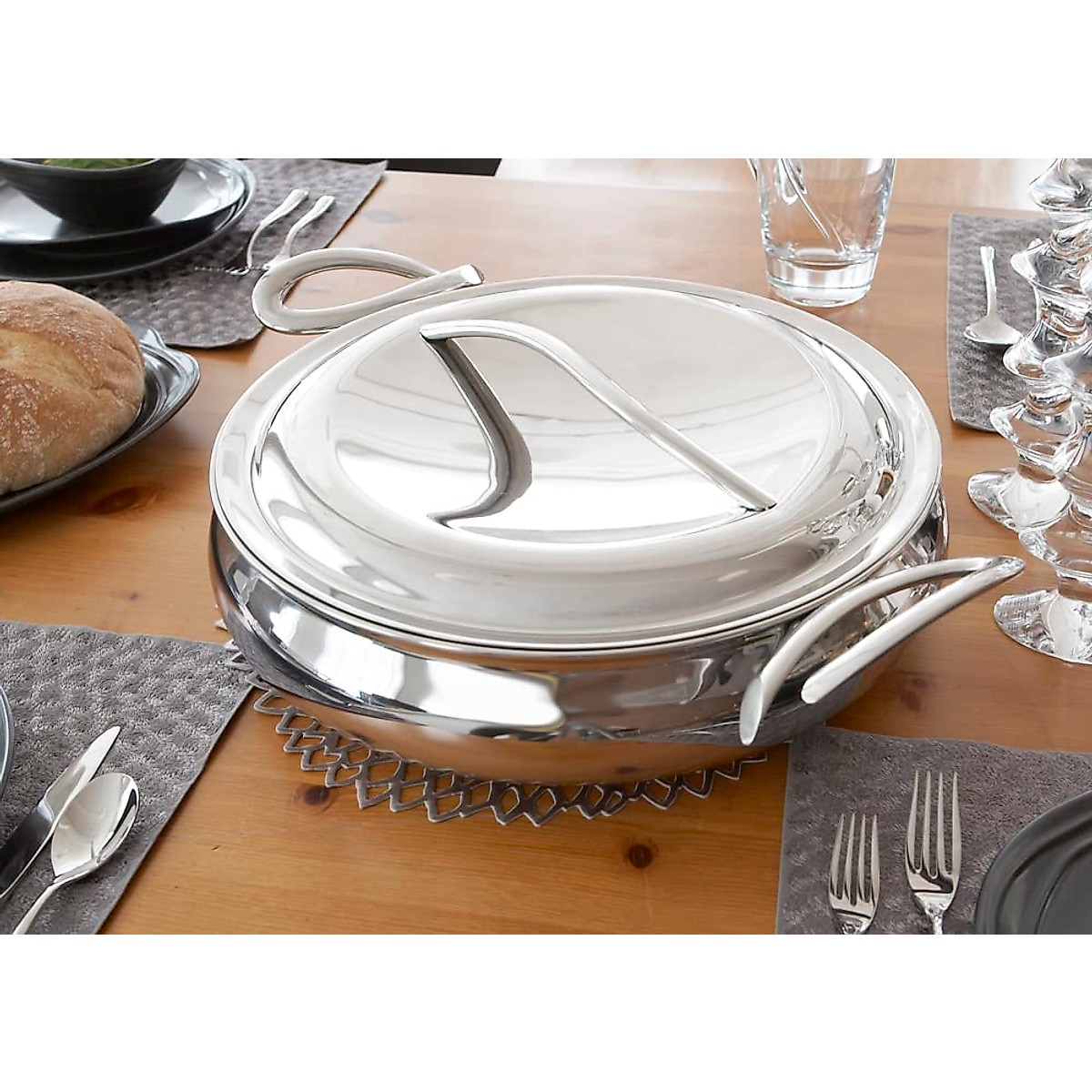 nambe Cookserv 12" Sauté Pan with lid | 5-Ply Stainless Steel Saute Pan | 5 Quarts Deep Frying Pan, 12 inch Induction Oven Safe Cooking Pan | Dishwasher & Oven Safe