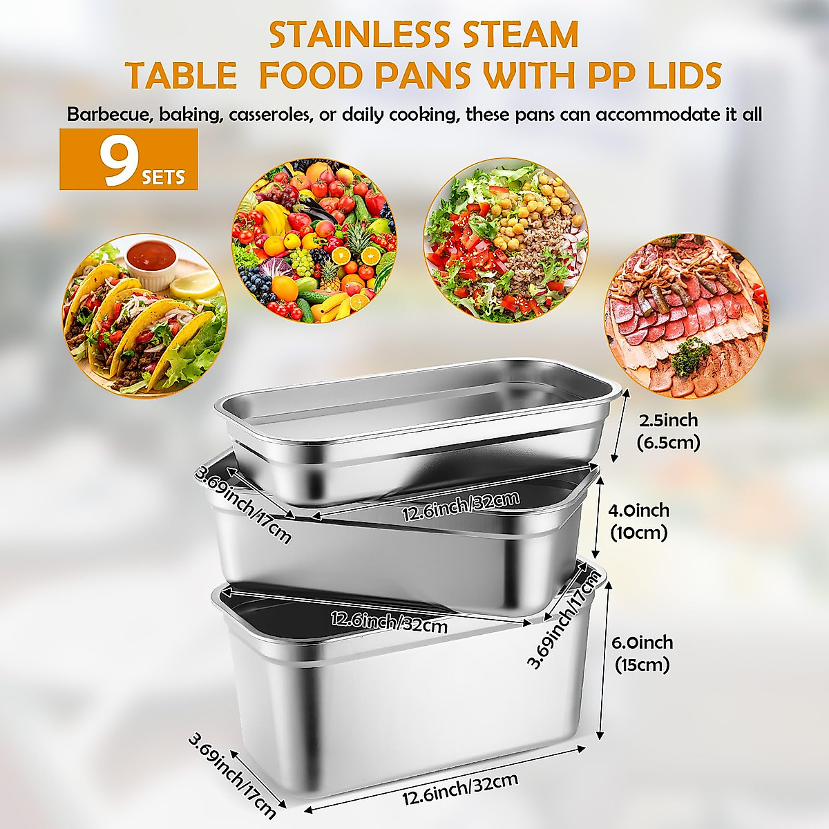 Suttmin 9 Pcs Stainless Steel Food Storage Containers with Lids 1/3 Size Hotel Pans Steam Table Pan Metal Meal Food Containers for Restaurant Stackable Kitchen Freezer Buffet, 2.5/4/6 Inch Deep