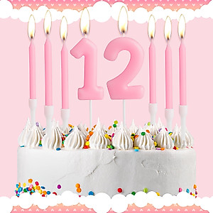 Macaron Pink Birthday Candle, Number 5 Candle with 6 Pcs Macaron Pink Short Thin Birthday Candles for Cake, Pink Cake Topper for Girl Women Pastel Sweet Happy Birthday Party Decorations Supplies