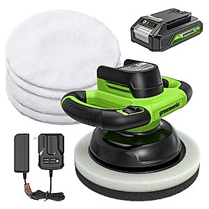 Greenworks 24V Powerful Cordless Car Buffer & Polisher, 10-inch pad 2800 RPM waxing machine with 4 Buffing Bonnets, 2.0Ah Battery & 2A Charger included