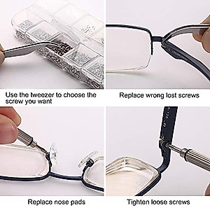 Sunglasses Eyeglasses Repair Kit, 1100PCS Tiny Stainless Steel Screws and 5 Pairs Nose Pads with Micro Screwdriver Tweezer for Watch Clock Spectacle Eyewear Repair