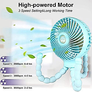 Lalalu Mini Handheld Tripod Stroller Fan 2000mAh Personal Portable Car Seat Flexible Baby Fans USB Battery Powered Desk Fan (Blue)