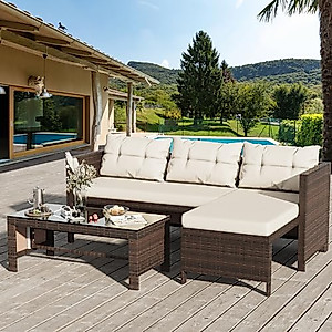 Shintenchi Outdoor Patio Furniture Sets, Wicker Patio sectional Sets 3-Piece, All Weather Wicker Rattan Patio Seating Sofas with Glass Coffee Table and Cushion (Beige)