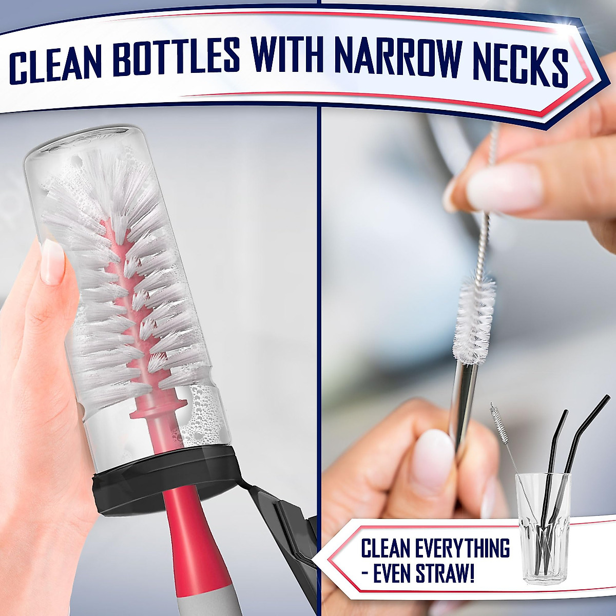 Dish Brush Set of 3 with Bottle Water Brush, Dish Scrub Brush and Scrubber Brush - Kitchen Scrub Brushes Ergonomic Non Slip Long Handle for Cleaning Cleaner Wash Sink Dishes Bottle Cup Glass Pot (Red)