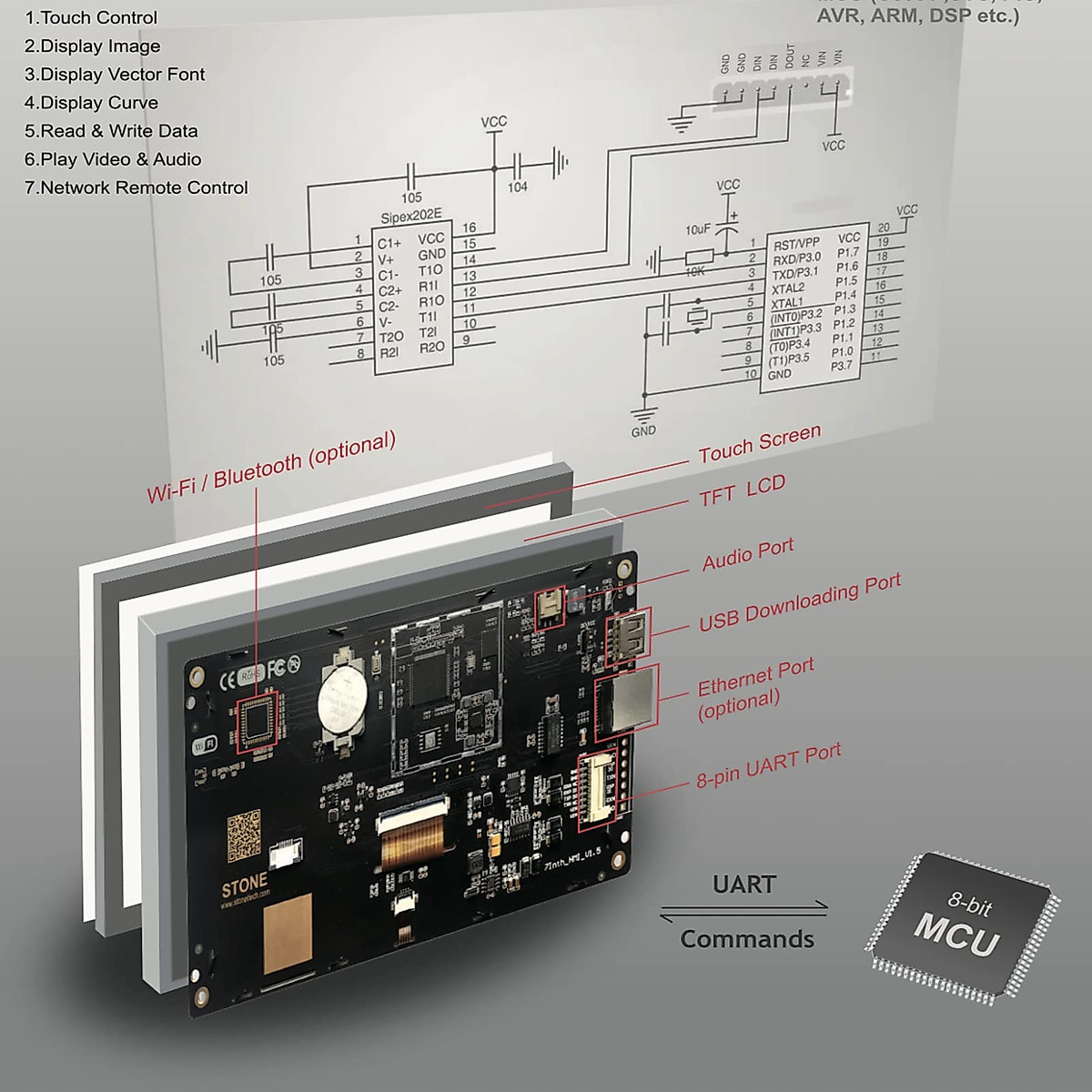 STONE 7" Inch HMI 800x480 TFT LCD UART HD Brand Monitor Full Color Screen with RS232/USB