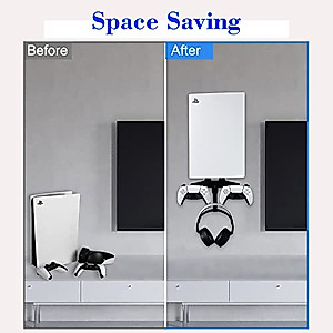 PS5 Wall Mount, Wall Bracket for Playstation 5 (Disc and Digital Edition) with Detachable Controller Holder & Headphone Hanger, Stealth Mount for PS5, Black