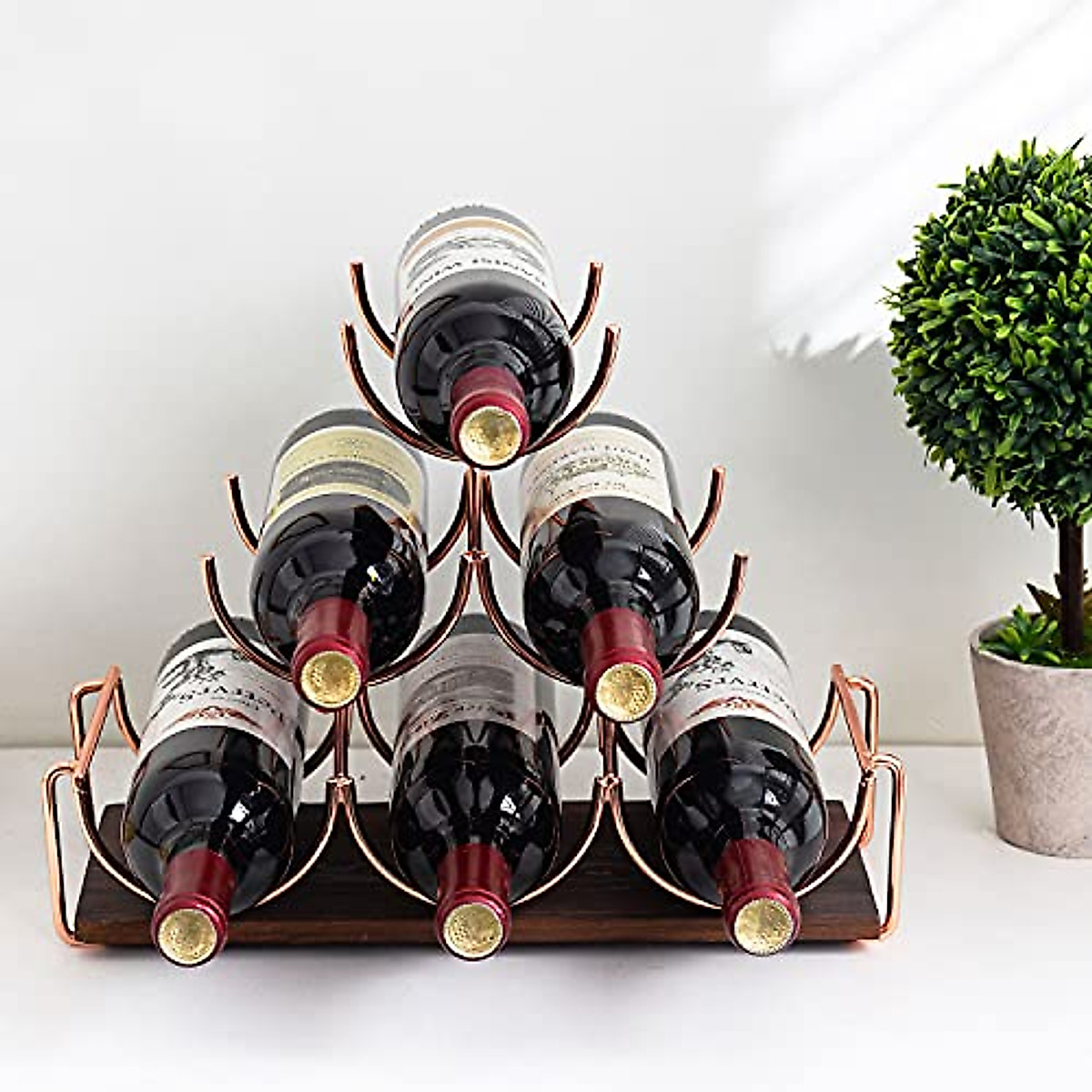 MyGift Rose Gold Wine Rack Countertop, 6 Bottle Modern Tabletop Metal Wire Stacked Wine Holder Stand with Burnt Wood Base