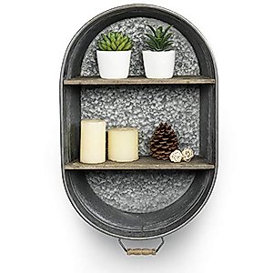 MyGift Rustic Tub Design Galvanized Metal Wall Shelf Rack with 2 Tier Vintage Wood Display Shelves