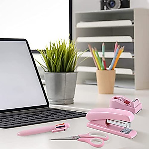 Pink Office Supplies Kit, 14 Piece Desk Accessory Kit Stapler and Tape Dispenser Set Includes Desktop Staple, Stapler Remove, Single Hole Punch, Tape Dispenser, Tape Measure, Scissors, Pen Holder