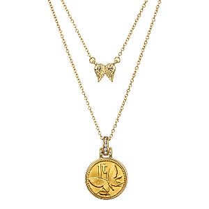 Coin Necklace Angel Wings Double Cable Chain– Genuine Butterfly One Toea | Goldtone 18” and 16” Chain Lobster Claw Clasp | Certificate of Authenticity