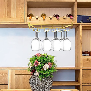 AUHOKY Adjustable Wine Glass Holder Under Shelf, Nail Free Metal Stemware Holder Storage Hanger, Hanging Wine Glasses Rack Organizer Under Cabinet Mount for Bar Kitchen (4 Rows, Gold)