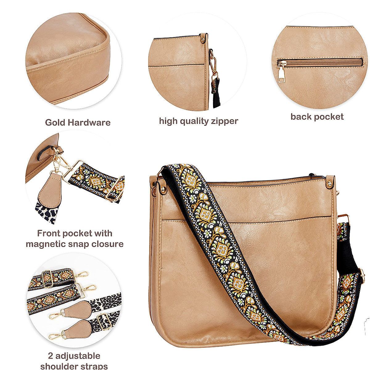 Cross Body Bag Purses for Women with Guitar Strap, Trendy Vegan Faux Leather Shoulder Bag Designer Handbag with 2 Strap (Khaki)