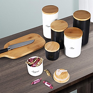 Yangbaga Canisters Sets for Kitchen-Set of 3 Kitchen Canisters for Countertop with Airtight Bamboo Lids/Spoons/Stickers, Ceramic Food Storage Containers for Large Flour,Suger,Coffee (42/30/9OZ)