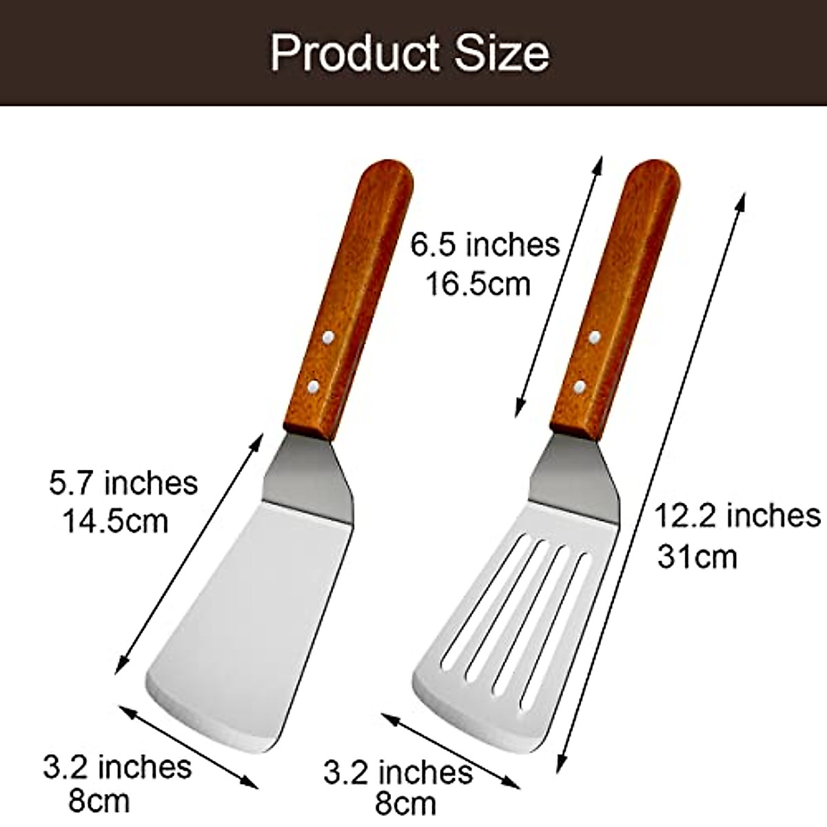 KLAQQED 2Pcs Metal Spatulas Set, Metal Spatula for Cast Iron Skillet, Cooking Utensils Fish Egg Grill Spatula Stainless Steel Slotted Spatula, Wok Flat Top Small Metal Spatula Turner with Wood Handle