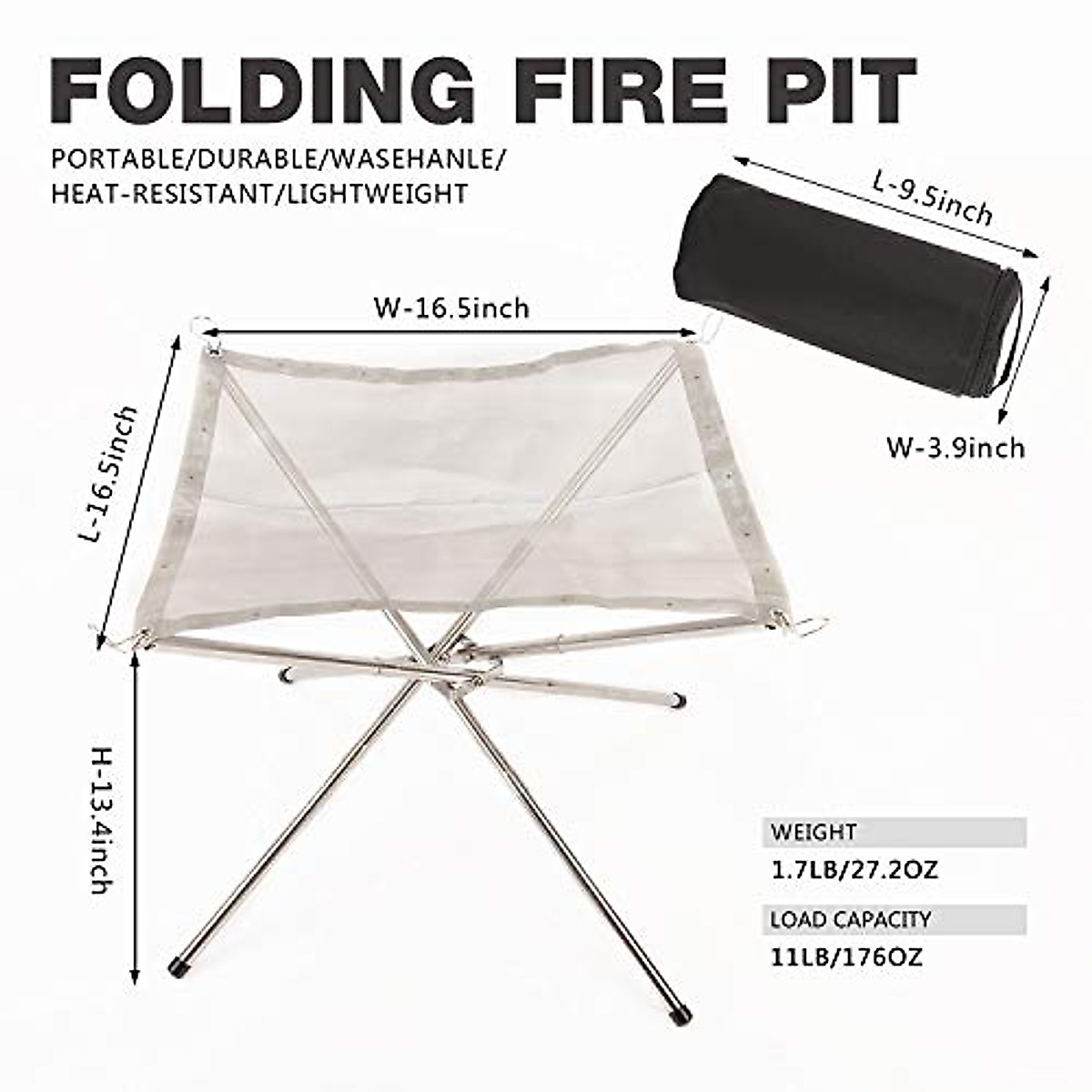 GALMAXS7 Camping Fire Pit Portable Fire Pit Stainless Steel Mesh Collapsible fire Pit Outdoor Fireplace Campfire Pit Foldable Fire Pit for Camping Backyard Beach and Wood Burning -with Carry Bag