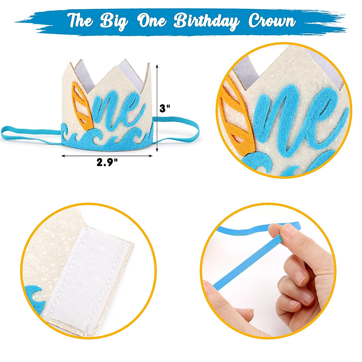 Vansolinne The Big One Highchair Banner 1st Birthday Boy Summer Beach Surf Birthday Party Decoration Baby First Blue Topper Cake Smash Party Decor Supplies Cute Photo Props Crown