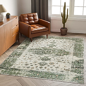 Valenrug Washable Rug 8x10 - Ultra-Thin Antique Collection Area Rug, Stain Resistant Rugs for Living Room Bedroom, Distressed Vintage Rug(TPR35-Green, 8'x10')