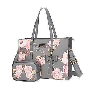 MOSISO Laptop Tote Bag Compatible with MacBook Air 15 inch M2 A2941/Pro 16 M3 M2 M1, 15-15.6 inch Notebook, Peony PU Leather Travel Work Briefcase with Detachable Bowknot & Small Purse, Grey
