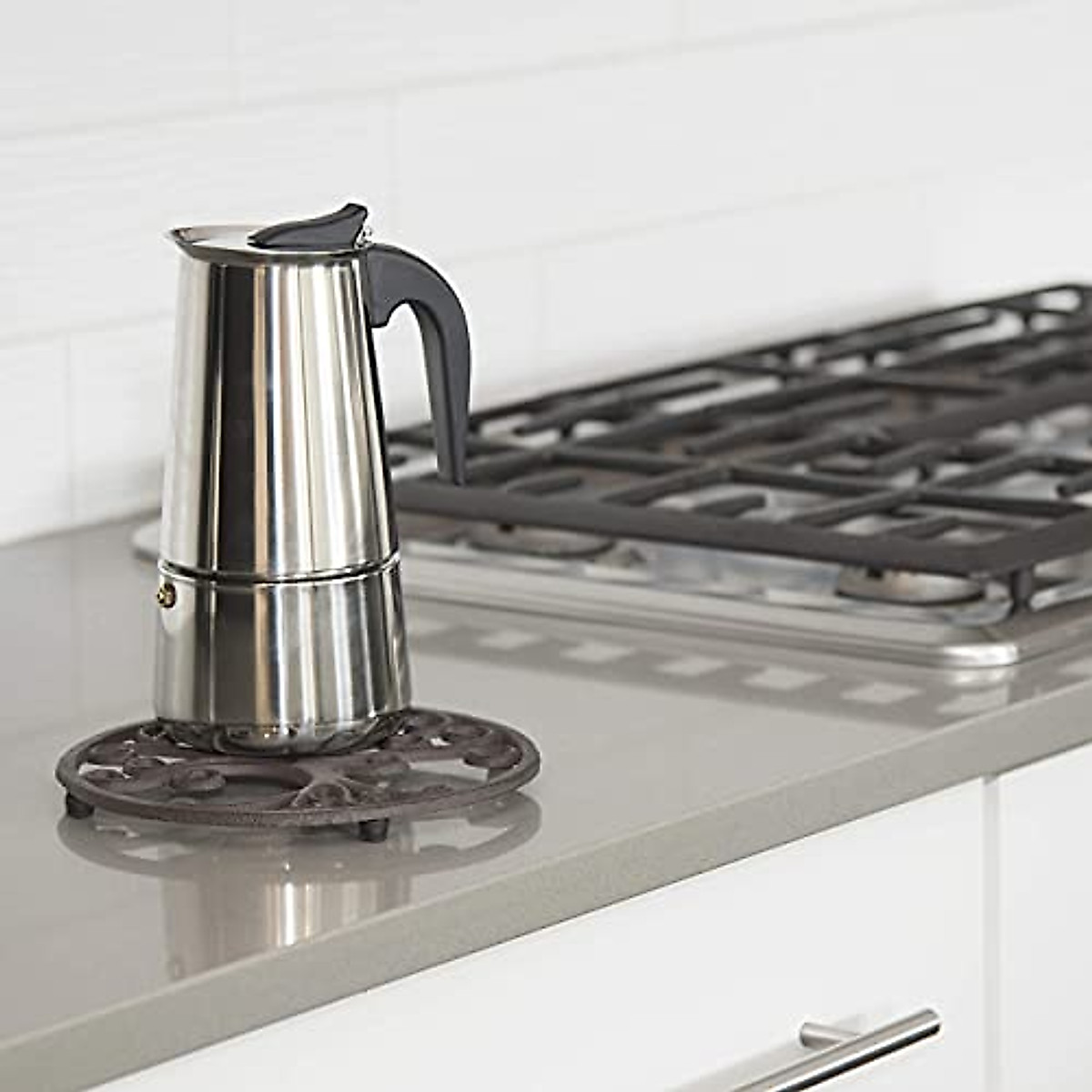 gasaré, Cast Iron Trivet for Hot Dishes, Pots, and Pans, Metal Trivet, Tree of Life Design, Rubber Feet Caps, Ring Hanger, 8 Inches, Brown, 1 Unit