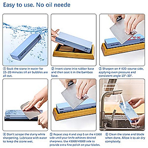 Complete Knife Sharpening Stone Set – Dual Grit Whetstone 400/1000 3000/8000 Premium Whetstone Knife Sharpener with Leather Strop, Flattening Stone, Bamboo Base, 3 Non-slip Rubber Bases & Angle Guide