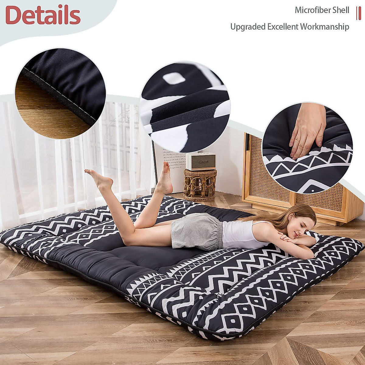 Japanese Floor Mattress Futon Mattress Thicken Sleeping Pad Roll Up Mattress Floor Lounger Bed Camping Mattress Guest Room Mattress Pad, Thick Soft and Comfortable, Black Stripe, Full Size