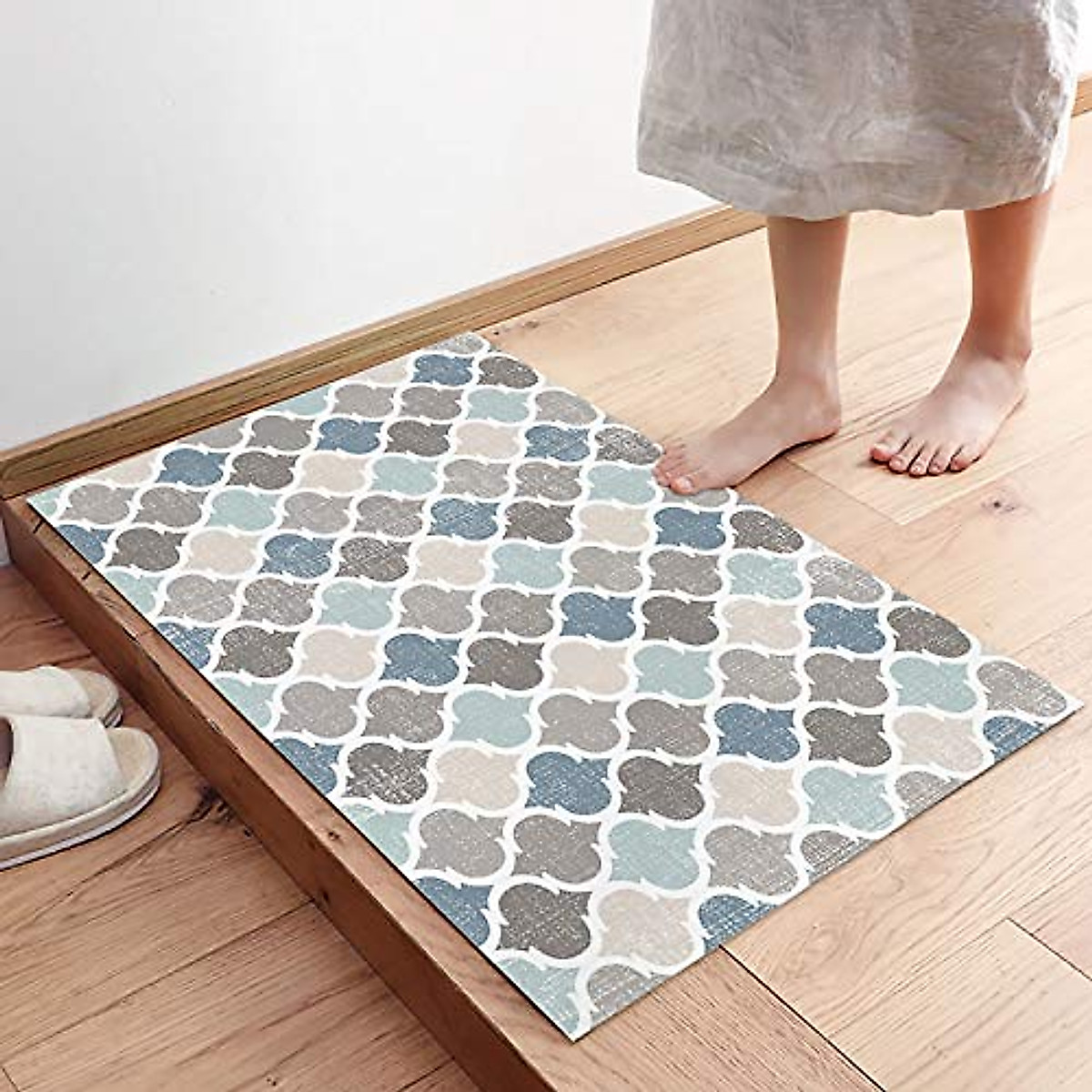 Houseown Kitchen Rugs and Mats 2 Pcs Set, Boho Moroccan Blue Grey Geometric Plaid Microfiber Kitchen Mat Non-Slip Washable Home Decor for Kitchen Floor Home Office Laundry