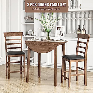 Voohek, Walnut 3-Piece Dining Set w/Drop-Leaf, 2 Upholstered Chairs,Counter Height Furniture, with PU Leather Cushion for Kitchen, Small Space, Bar