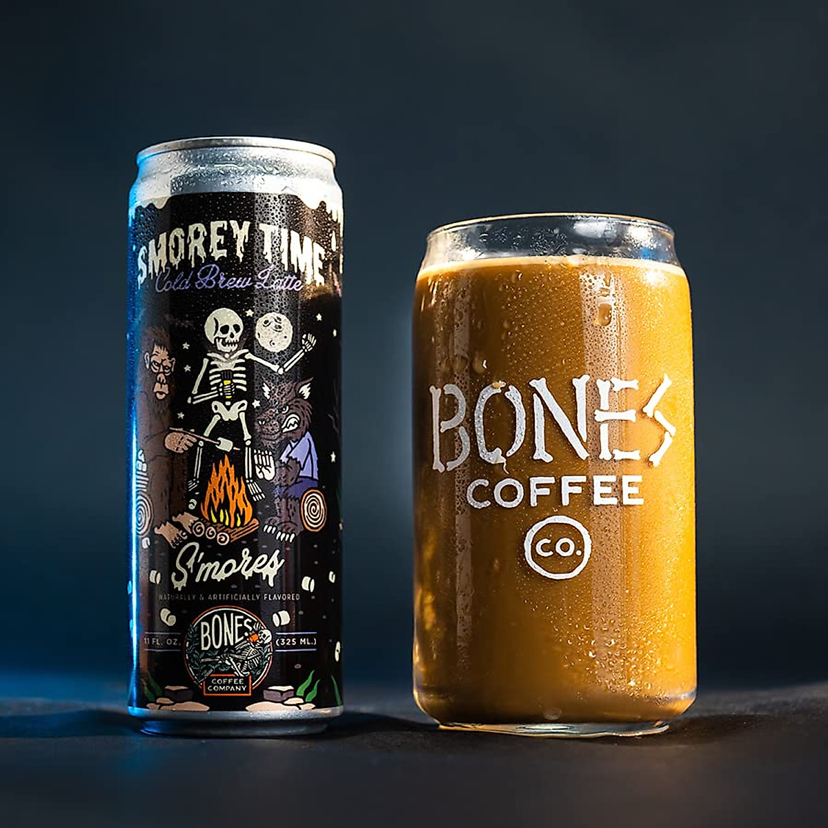 Bones Coffee Company S'morey Time Cold Brew Latte S'mores & Graham Crackers Flavored Coffee | Ready To Drink 100% Cold Brew Coffee Can | Cold Brew Latte S'mores in Cans | 11 Fl Oz Can (4 Pack)