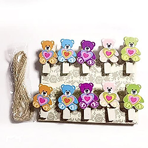 Small Clothes Pins Little Bear Wooden Clip Set 10 Pcs Mini Clothespins for Photo Album Display Colorful Pins for Pictures Crafts Postcard Note Paper Decor Clamp with Rope