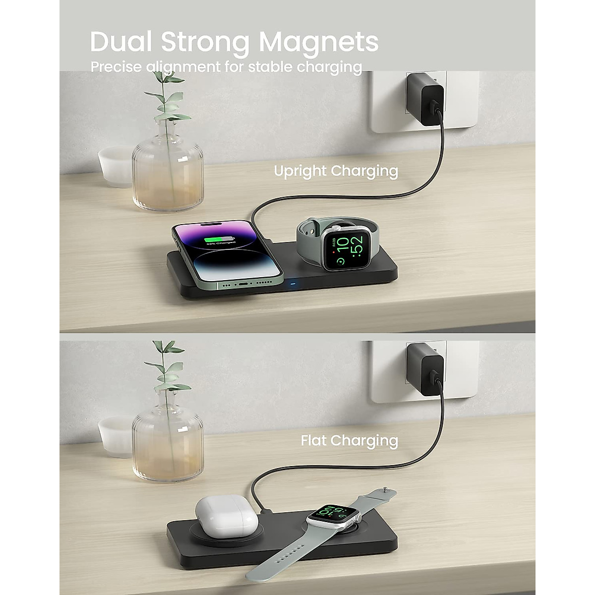 Wireless Charging Pad for Apple Device, GEEKERA Magnetic 2 in 1 Dual Wireless MagSafe Charger for iPhone 15/14/13/12 Pro Max/Pro/Mini, Apple Watch Ultra/8/7/6/SE/5/4/3, AirPods 3/Pro 2