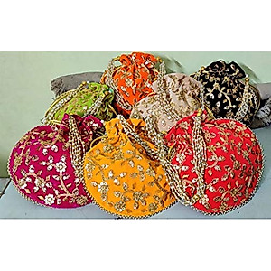 5 Pieces India Gift Hub Indian Handmade Women's Velvet Embroidered Potli Purse Bag Pouch Drawstring Bag