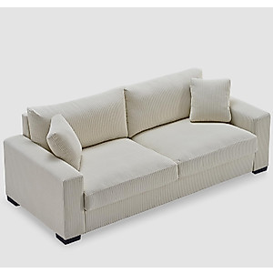 Container Furniture Direct Luxe Corduroy Sofa with 2 Toss Pillows, Spacious and Comfortable 3 Seater Couch for Modern Living Room, Ideal for Entertainment and Cozy Moments, 89" Wide, Beige
