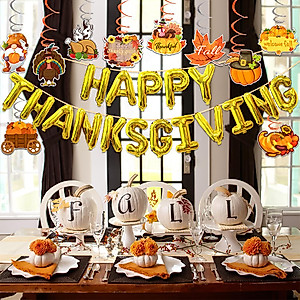 Thanksgiving Decorations Indoor, Happy Thanksgiving Banner | 16 Inches Gold 3D Foil Letter Balloons Decoration Fhoto Backdrop for Thanksgiving Party - Fall Office Decoration - Pack of 42