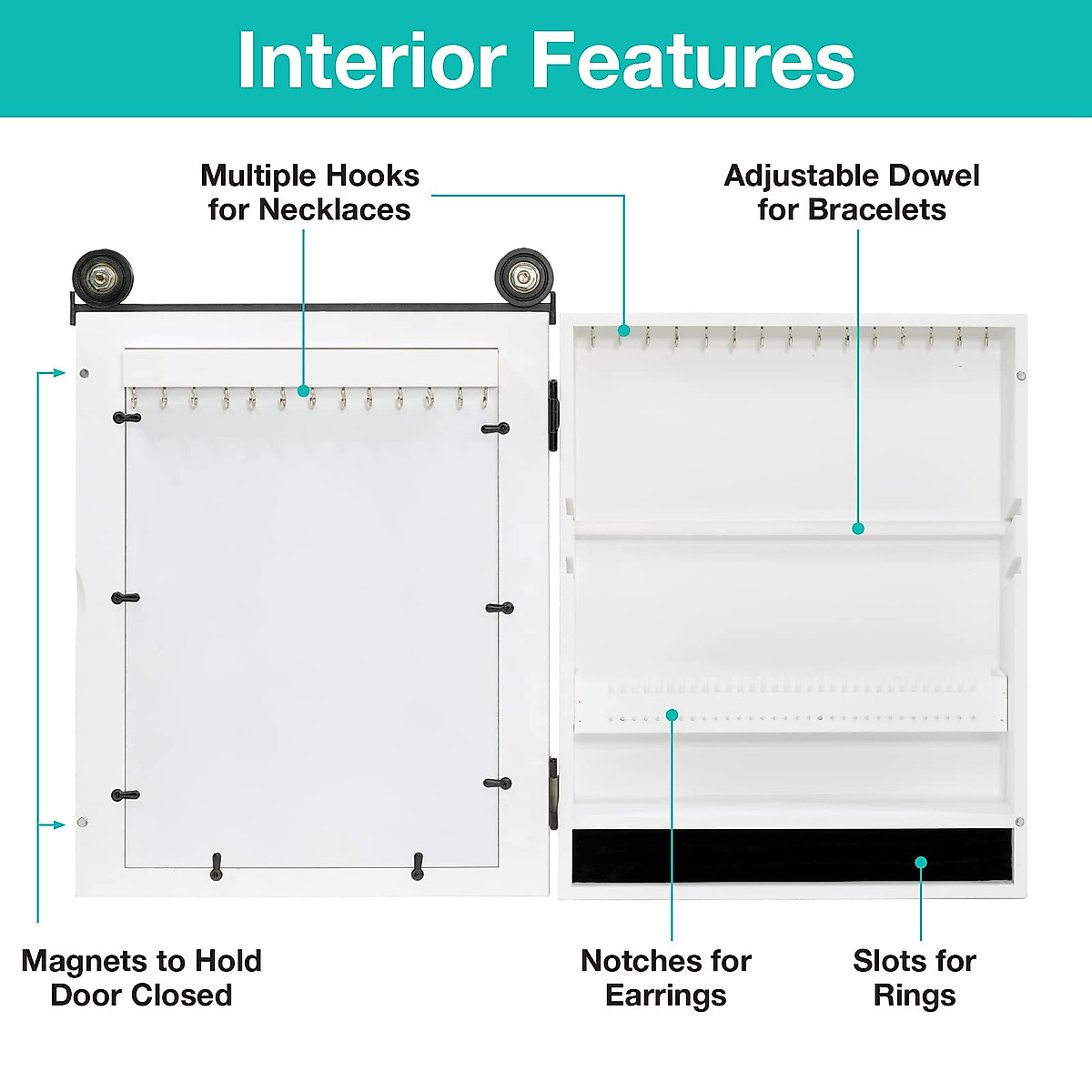 Barndoor Picture Frame Jewelry Organizer - Holds Four 4x6" Photos (White)