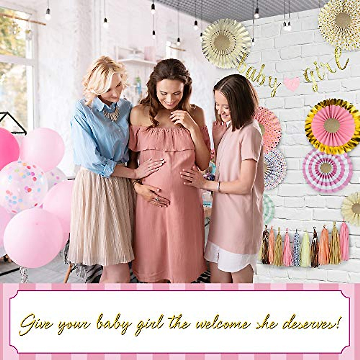 YARA Baby Shower Decorations For Girl Pink and Gold Party Decor Baby Girl Garland Banner Decoration & Supplies Rustic Rose Gold Boho Theme Paper Fans & Tassels For It’s A Girl Floral Princess Sprinkle