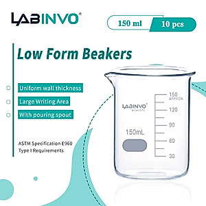 LABINVO Low Form Graduated Glass Beaker, 10pcs of Vol.150ml, 3.3 Borosilicate Glass Beaker Set, IN-BKL150