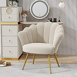 Alunaune Mid Century Velvet Living Room Chair Accent Chairs, Upholstered Vanity Chair for Makeup Room, Modern Barrel Arm Chair Guest Leisure Chair Comfy for Bedroom-Ivory