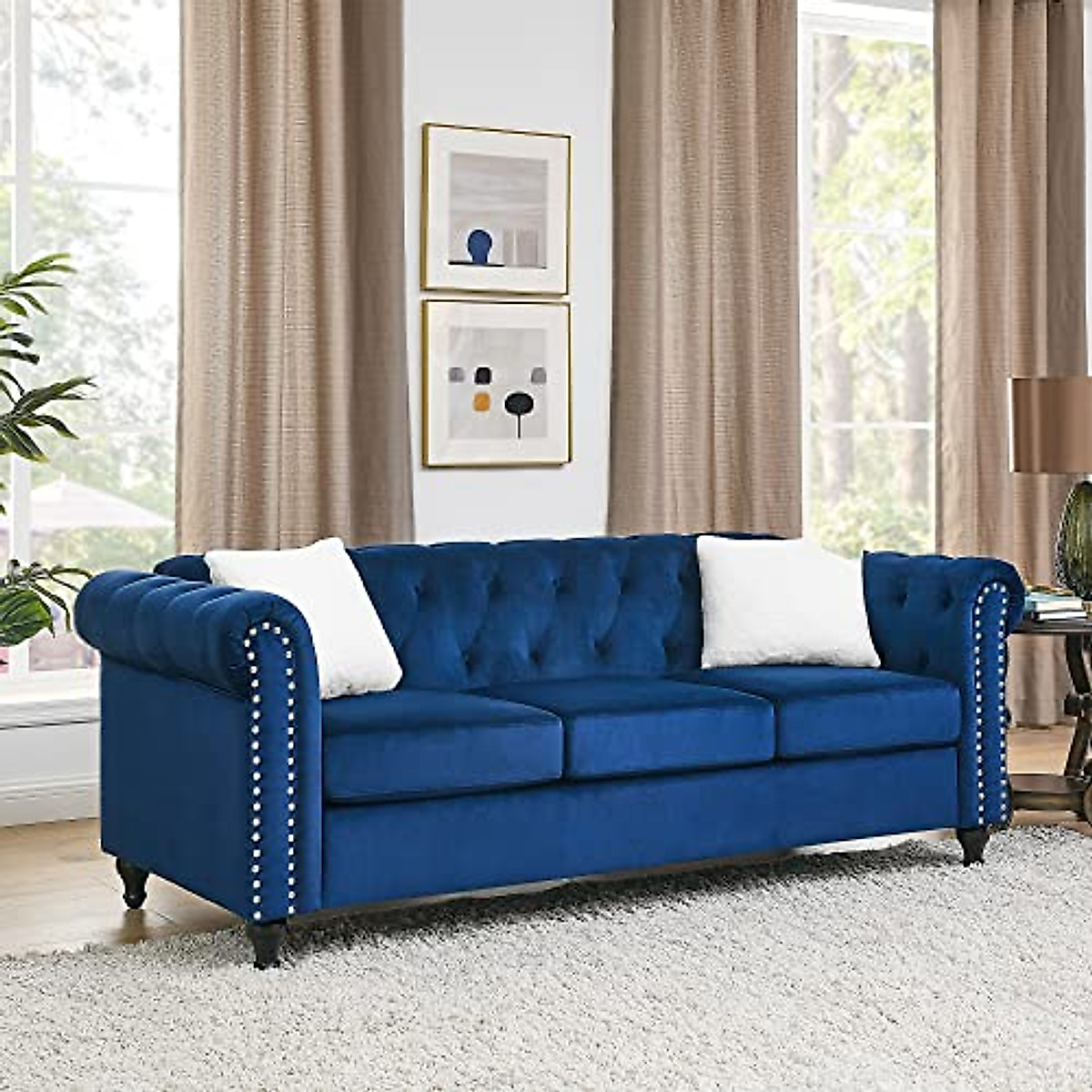 Melpomene 3 Pieces Blue Velvet Living Room Sofa Set Including 3-Seater Sofa Loveseat and Sofa Chair, with Button Tufted Nailhead and 5 White Villose Cushions (1+2+3 seat)