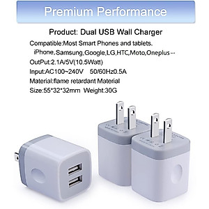 USB Wall Charger, Charging Adapter 3Pack 2.1A Dual Port USB Wall Charging Plug Block Head Box Travel Charger Cube Compatible iPhone 14 13 12 11 Pro Max XS XR X 8 7 Plus,iPad,iPod,Samsung,Android Phone