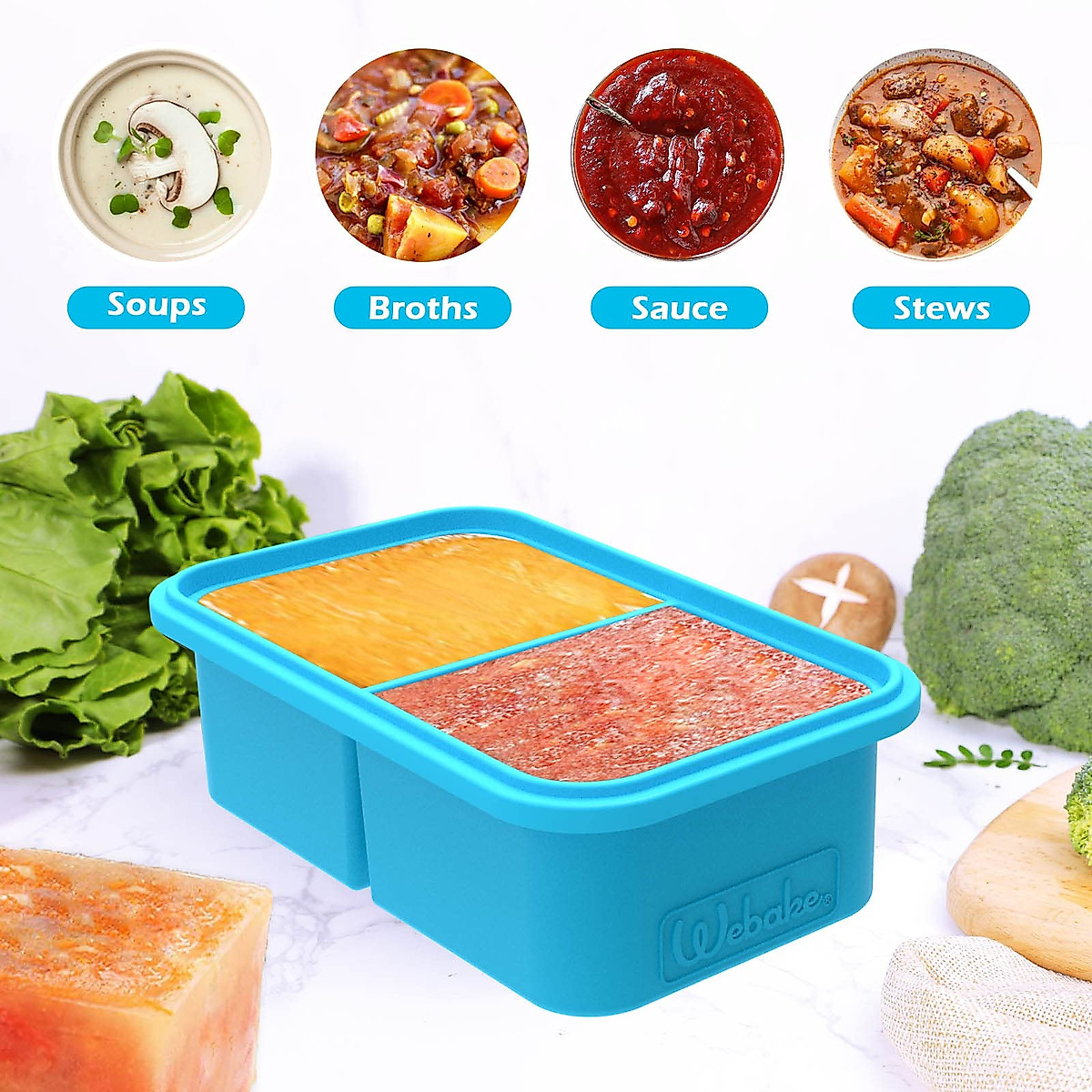 Webake Silicone Freezer Tray with Lid, Food Storage Container, 2 Cup Ice Cube Tray for Soup Sauce Meal Prep, BPA Free - Blue